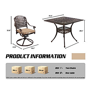 USSerenaY 5-Piece Outdoor Dining Set Cast Aluminum Patio Furniture Set All-Weather 4 Chairs and Dining Table with Umbrella Hole for Garden, Backyard (Braided+Khaki Cushion, Square Table)