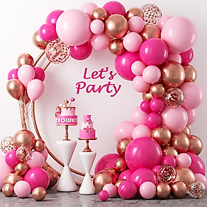 YAOWKY 124PCS Pink Balloon Arch Garland Kit with Different Size 18 12 10 5 Inch Pastel Hot Pink Metallic Rose Gold Confetti Balloons for Princess Theme Wedding Valentine's Day Party Decorations