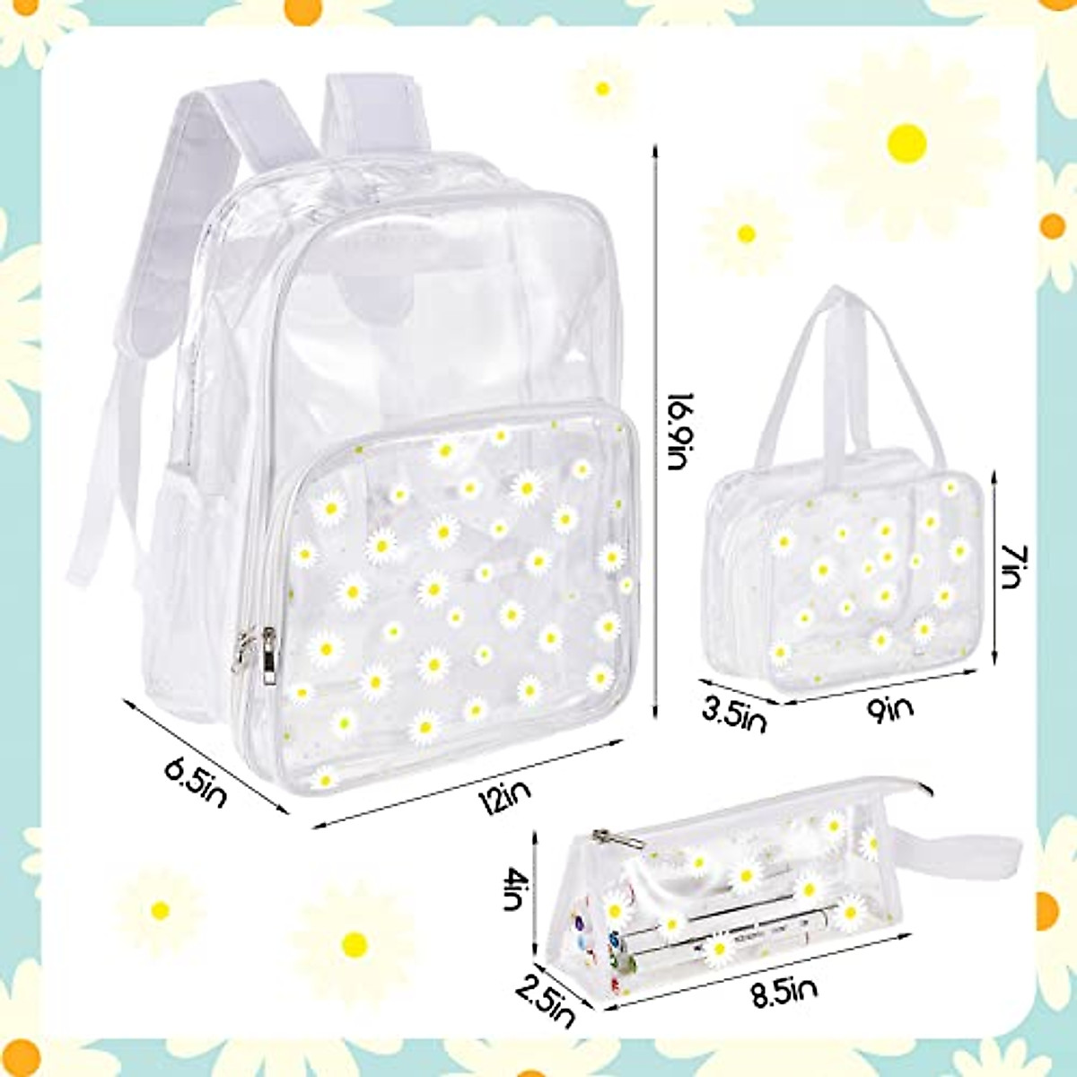 Eccliy Clear Backpack Stadium Approved Backpack 3 School Backpack for Girls Boys Christmas Clear (White, Daisy)
