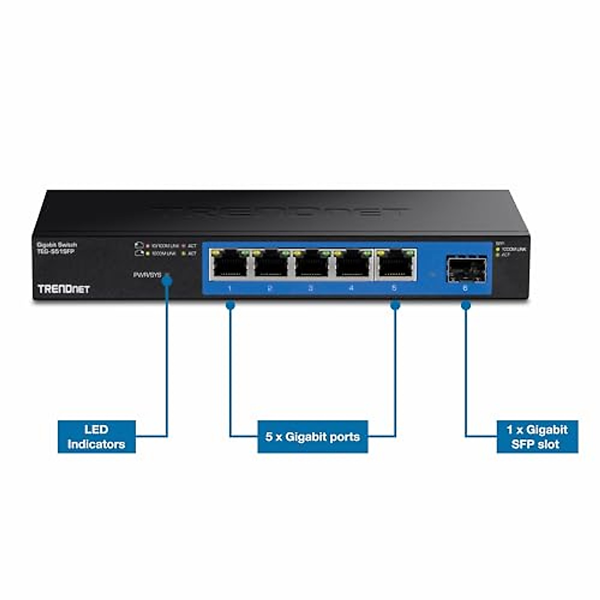 TRENDnet 5-Port Gigabit Compact Metal Desktop Switch with SFP Slot, TEG-S51SFP , Fanless Design, Wall Mountable, Lifetime Protection, Black