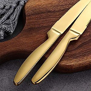 Stainless Steel Serrated Steak Knife Set of 6, BuyGo Gold Color Heavy Duty Dinner Table Knives for Cutting Meat, Beef, 8.6 Inch, Dishwasher Safe