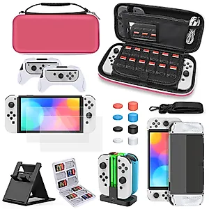 Accessories Bundle for Nintendo Switch OLED Model, MENEEA Carrying Case & Screen Protector, Clear Cover Protector, Grips & Charger Dock for Joycons, Steering Wheels, Console Stand & Game Card Case