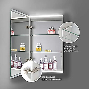 ExBrite 15''x 26''LED Lighted Bathroom Medicine Cabinet with Mirror, Surface Lighted Medicine Cabinet,Dimmable,Adjustable Shelves,Intelligent Switch Medicine Cabinet, Aluminum Frame, 120°Soft Hinge