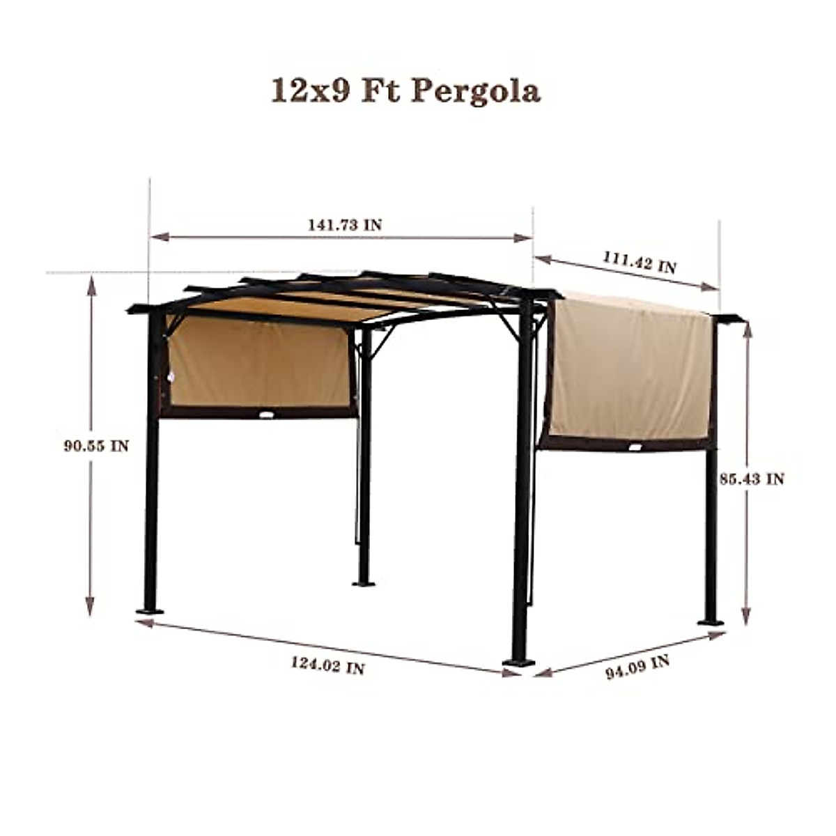 12’ X 9’ Outdoor Retractable Pergola Canopy, Steel Frame Grape Patio Gazebo, Backyard Shade Shelter, for Garden Porch Yard BBQ Beach, Beige+Brown