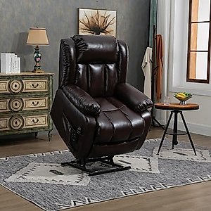 FULife Electric Lift Chair Power Recliner,Reclining Lifting Single Sofa Armchair with Heat and Massage,Heavy Duty Dual Motor Faux Leather Upholstery Lazy Lounge Couch w//USB Ports and Side Pockets