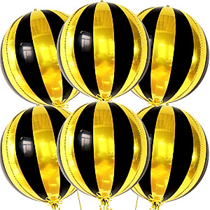 Big, 22 Inch Black and Gold Balloons - Pack of 6, Black and Gold Party Decorations | 360 Degree 4D Sphere Round Gold Black Metallic Balloons for Disco Party Decorations | Hollywood Party Decorations