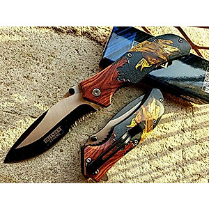 8.5" Spring Assisted Pocket Knife for Men Blade Eagle Wood Handle with Ultra Sharp Blade Premium Tactical Folding Knife Survival Hunting Camping Knives