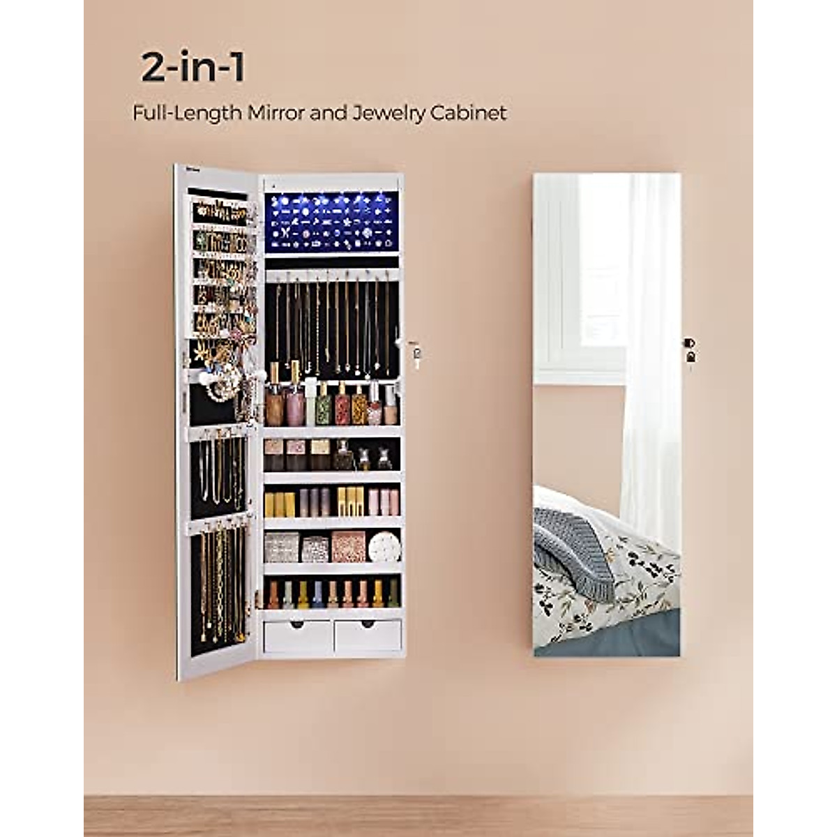 SONGMICS 6 LEDs Mirror Jewelry Cabinet, 42.5-Inch Tall Lockable Wall or Door Mounted Jewelry Armoire Organizer with Mirror, 2 Drawers, 3.7 x 14.6 x 42.5 Inches, White UJJC99WT