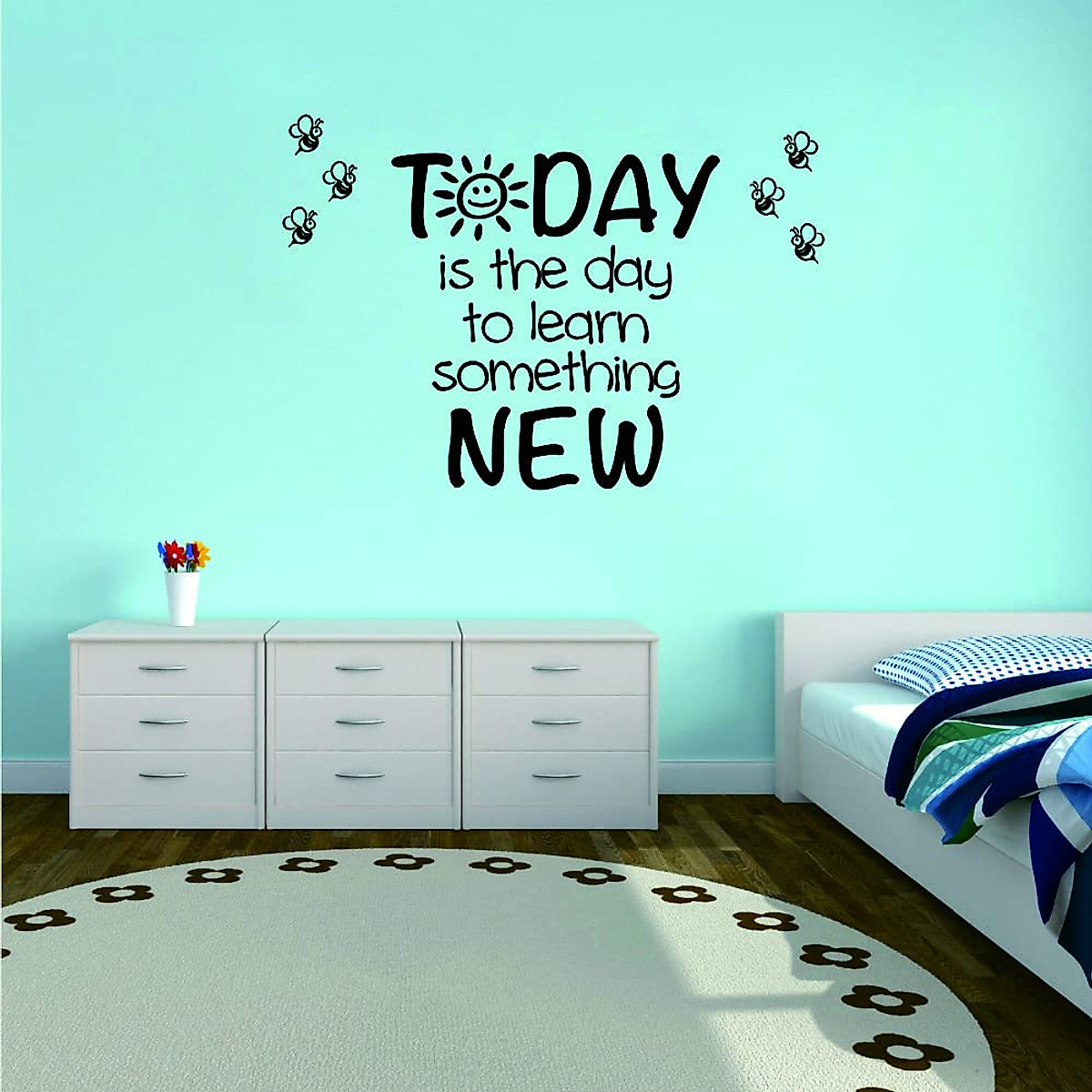 ANFRJJI Love Learning, Start Now Inspirational Words Wall Decal - Little Bee and Sun Smile PVC Removable Wall Sticker for Student and Kids Room Decor -Effect 26"x37"inch (black-JWH255-Today)