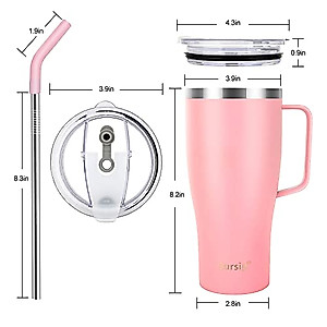 Sursip 32 oz Insulated Tumbler with Handle and Straw Lid, Vacuum Stainless Steel Cup, Keep Drinks Cold/Hot, Dishwasher Safe, Fit in Car Holder, Travel Coffee Mug for Home/Office/Party/Camping (Pink)