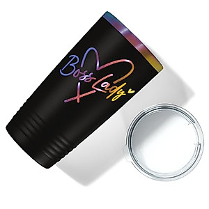 Boss Lady Big Heart Tumbler Birthday Gifts for Women, Coworker, Boss on Black with Ion Prism Design 20 oz Stainless Steel Insulated Cup with Lid - Travel Mug for Mom