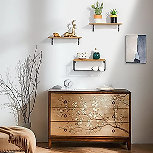 Set of 3 Floating Shelves with Paper Storage Basket Rustic Solid Wood Bathroom Shelves Farmhouse Wall Hanging Shelf Mounted Wall Decor for Living Room Kitchen Pantry Bedroom (Rustic Brown)