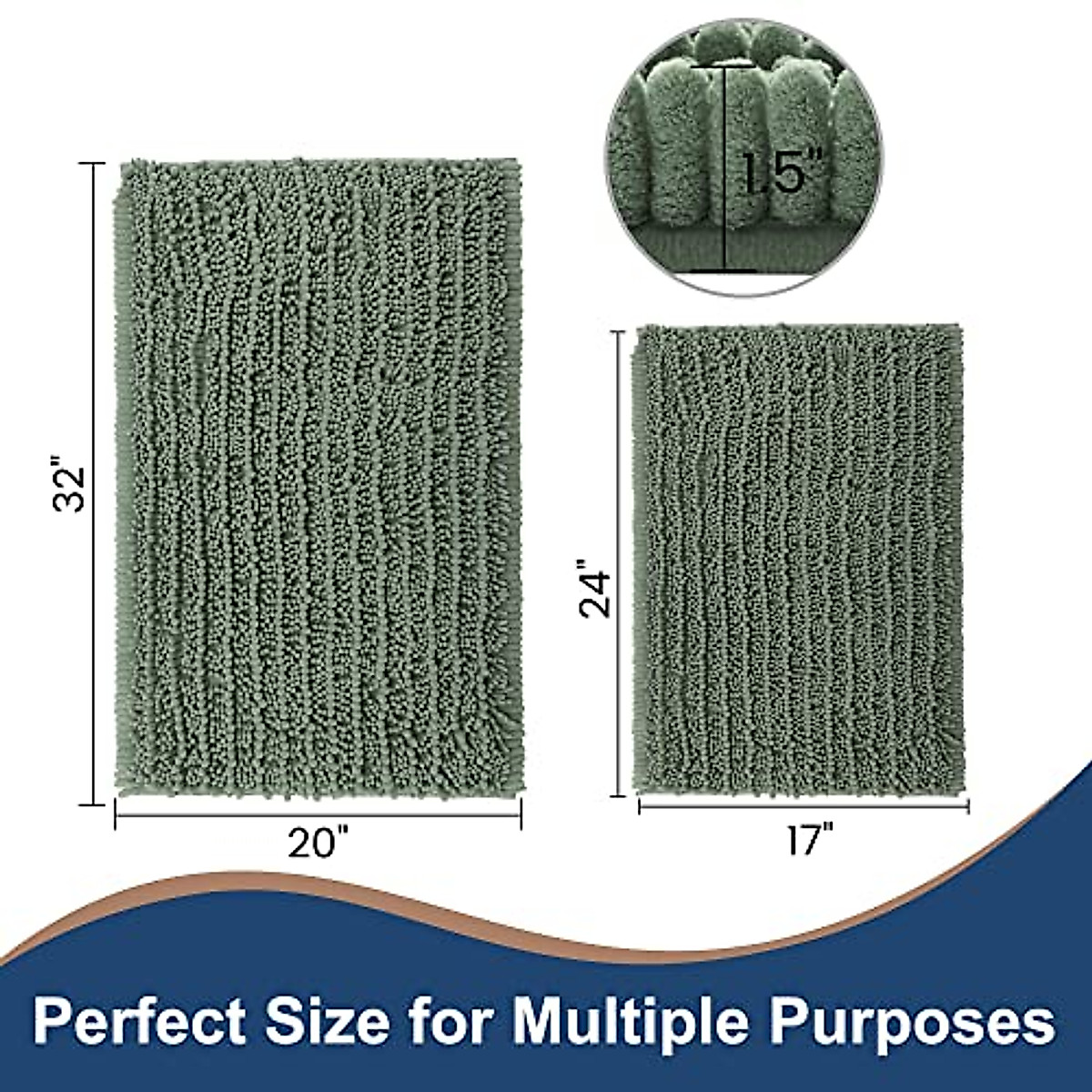 H.VERONNEX Luxury Chenille Sage Green Bathroom Rugs Sets 2 Piece, Thickened Hot Melt Rubber Bottom Bath Mats for Bathroom Non Slip,Bath Rugs Quick Dry Machine Washable for Shower Mat,Puppy-Loved Mat