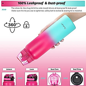 Oldley Insulated Water Bottle with Straw 32oz Stainless Steel Water Bottles with 3 lids Double-Wall Vacuum Thermal for Kids Adults School Sports,Ombre-Purple green