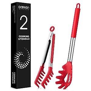 Spaghetti Spoon and Pasta Tong, Non-stick Silicone Spoon Server Fork with teeth and Stainless Steel Handle Spaghetti Tong, Food Clip for Spaghetti Noodle, Red