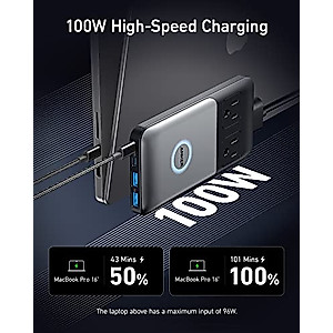 Anker 727 Charging Station (GaNPrime 100W), Compact Power Strip for Travel,Work, 5ft Detachable Extension Cord with 2 Outlets & 4 USB Ports, for iPhone14, Samsung, iPad, MacBook, More(not a Battery)