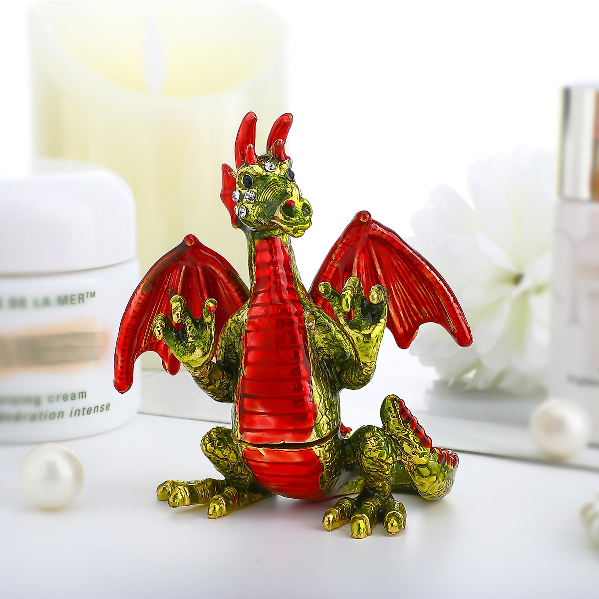 YU FENG Cute Red Pterosaur Trinket Boxes Hinged Crystal Jeweled Dinosaur Animal Figurines Jewelry Display Ring Holder Box