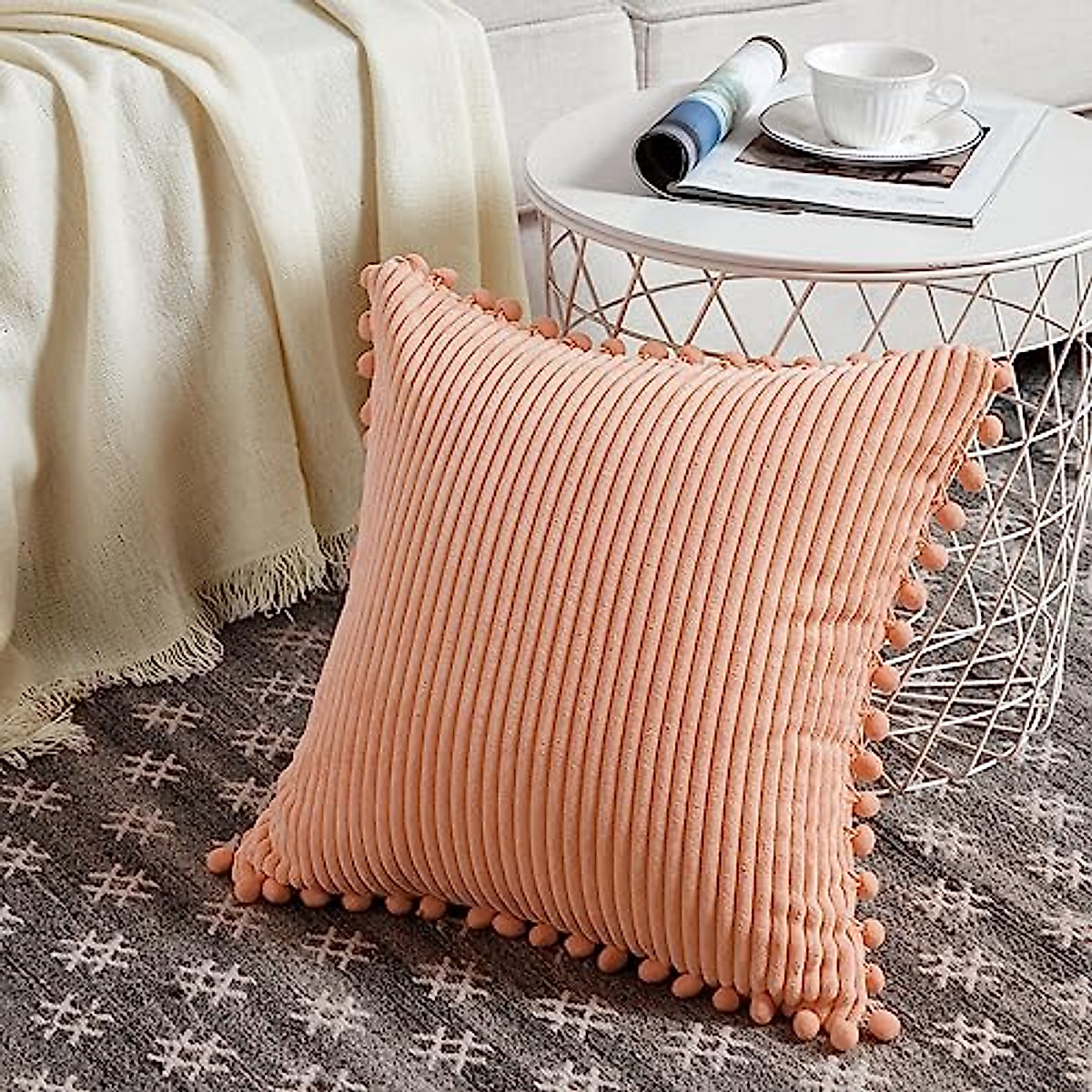 Fancy Homi Pack of 2 Peach Decorative Throw Pillow Covers 18x18 Inch with Pom-poms for Couch Bed Living Room Bedroom, Farmhouse Boho Home Decor, Soft Coral Corduroy Solid Square Cushion Case 45x45 cm