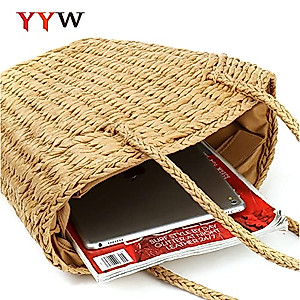 YYW Women Straw Shoulder Bag Summer Beach Handwoven Straw Handbag Vintage Holiday Purse Bag (Khaki)
