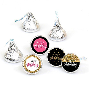 Big Dot of Happiness Chic Happy Birthday - Pink, Black and Gold Round Candy Sticker Favors Labels Fit Chocolate (1 Sheet 108)