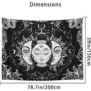 ARFBEAR Sun and Moon Tapestry, Burning Sun with Stars Psychedelic Popular Mystic Wall Hanging Tapestry Black and White Beach Blanket (Large-79 x 59 in),Dormitory