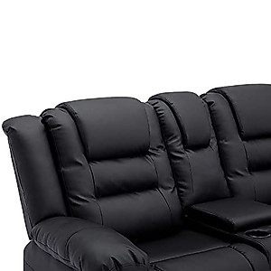 PU Leather Double Reclining Sofa with Center Console, Upholstery Manual Recliner Loveseat Couch w/Easy Pull Handles and Adjustable Footrest, 2-Seater Sofa & Couch for Home Theater Seating