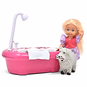 Gift Boutique 4.5 Inch Mini Small Doll with Bathtub Toy Set, Miniature Fashion Doll with Blond Hair and Little Puppy for Toddlers Kids Girls Age 3 4 5 6 7 8 Year Old