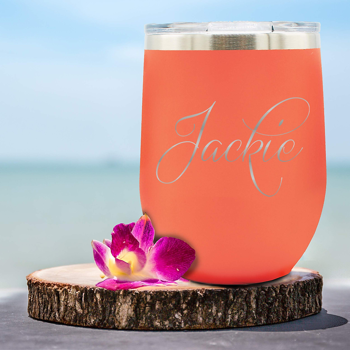 The Wedding Party Store Personalized 12 oz Insulated Stemless Wine Tumbler - Custom Engraved and Monogrammed (Coral)