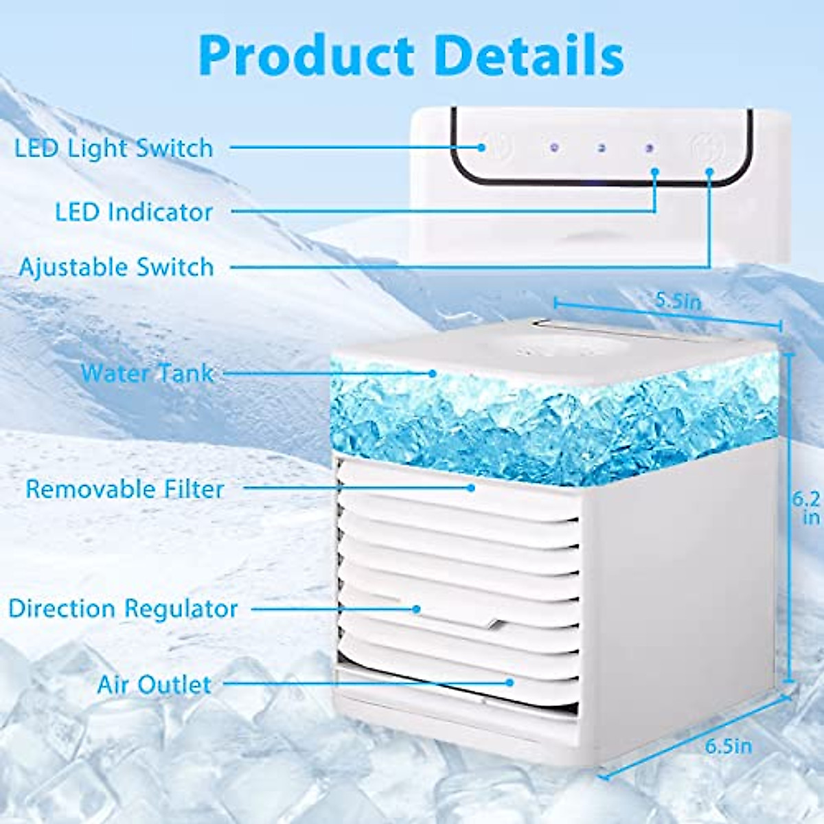 coosolvo Portable Air Conditioner, Personal Air Cooler with Quiet 3 Wind Speeds, Cooling Fan with Large Water Tank, Mini AC Unit with 7 Color Light, USB Small Air Conditioner for Home