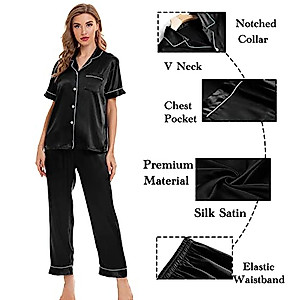 SWOMOG Womens 4pcs Pajamas Sets Sexy Cami with Button Down Short Sleeve Shirt Pjs Silk Satin Sleepwear Loungewear A-black