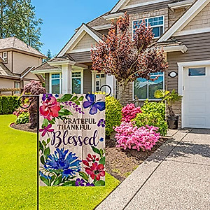 Hzppyz Grateful Thankful Blessed Thanksgiving Garden Flag, Decorative Small Outdoor Flag Flower, Rustic Burlap Christmas House Yard Flag Spring Outside Holiday Decoration Home Decor Flag 12.5 x 18