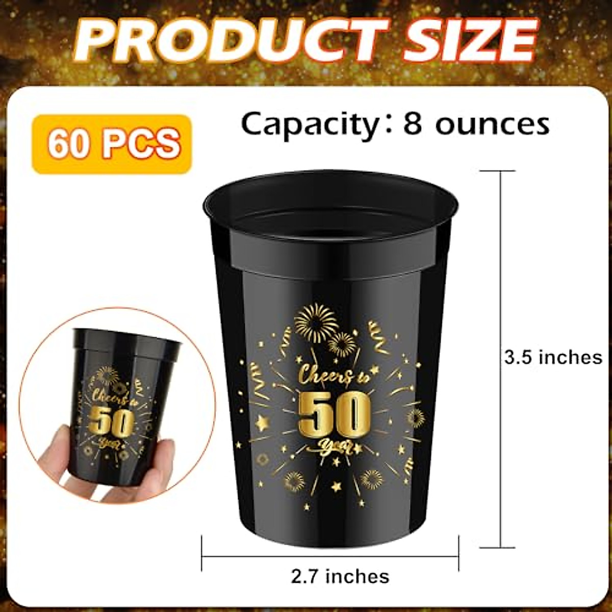 Mototo 60 Pieces 50th Small Birthday Cups 8 oz Cheer to 50 Years Plastic Cups Plastic Birthday Stadium Cups Black and Gold Plastic Cups for Birthday Party Favors Anniversary Wedding Party Supplies