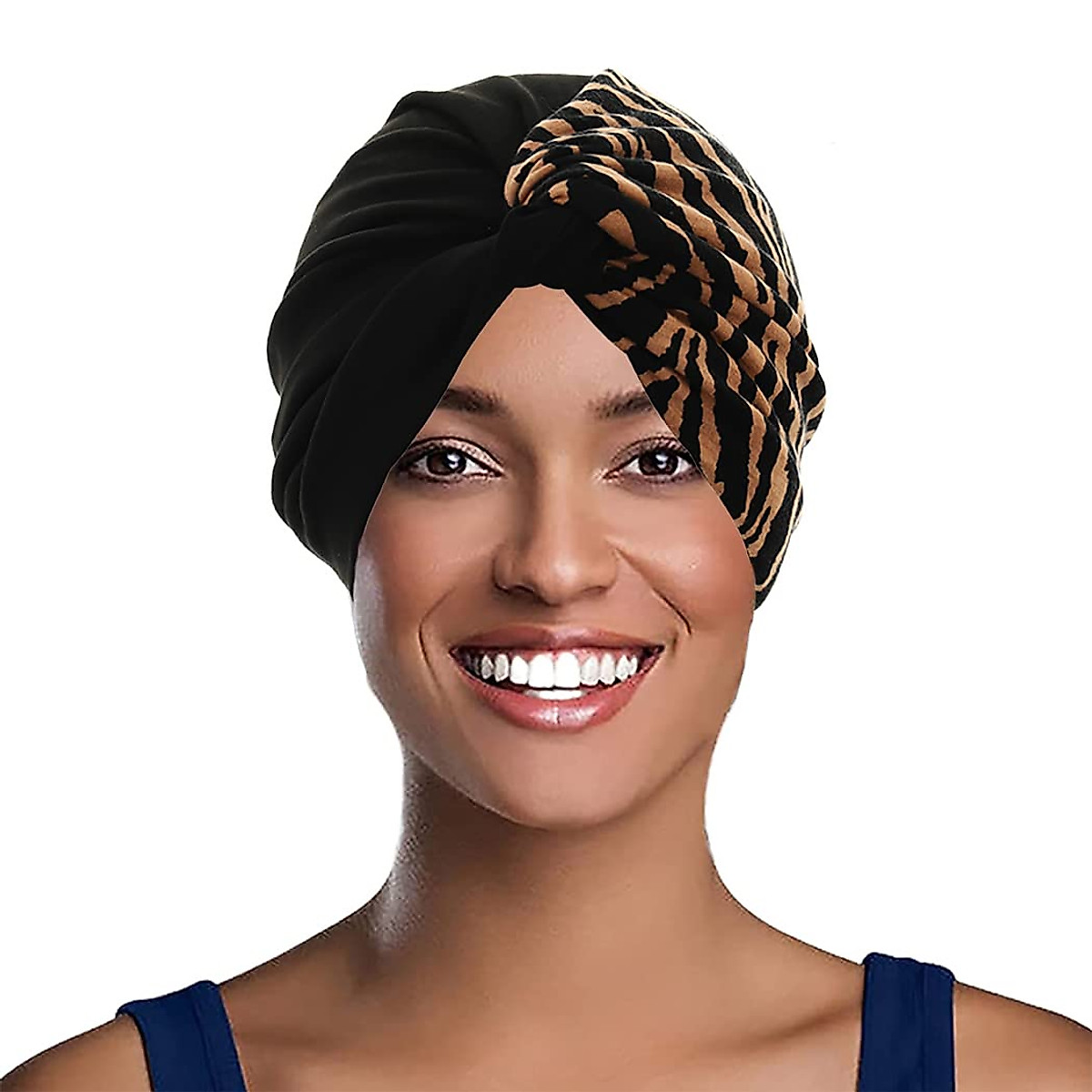 Urieo 2 pieces Leopard Print Headwrap African Knot Head Wrap Pre-tied Turban Bonnet for Women Black