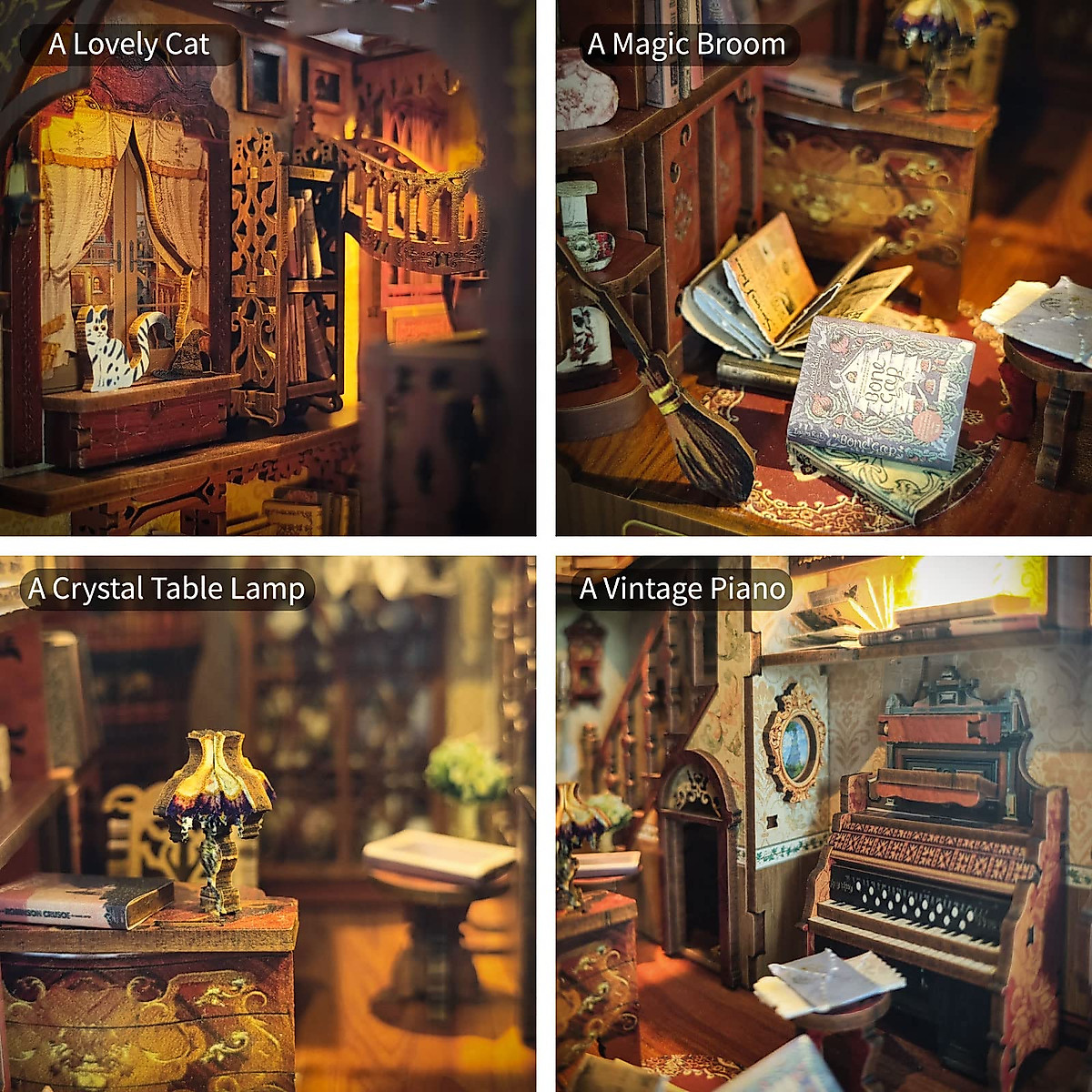 Book Nook Kit, DIY 3D Bookshelf Insert Decor, Wooden Puzzle Dollhouse with Sensor LED Light, Bookend Building Set for Teens Adults - Magic Book House