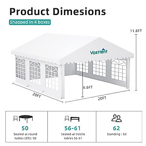 Vasttent 20x20ft Party Tent for Wedding Outdoor Large Event Camping, Upgraded Galvanized Poles&Rainproof PE Removable Sidewalls, Heavy Duty Canopy with 6 PVC Windows and Carry Bags - White