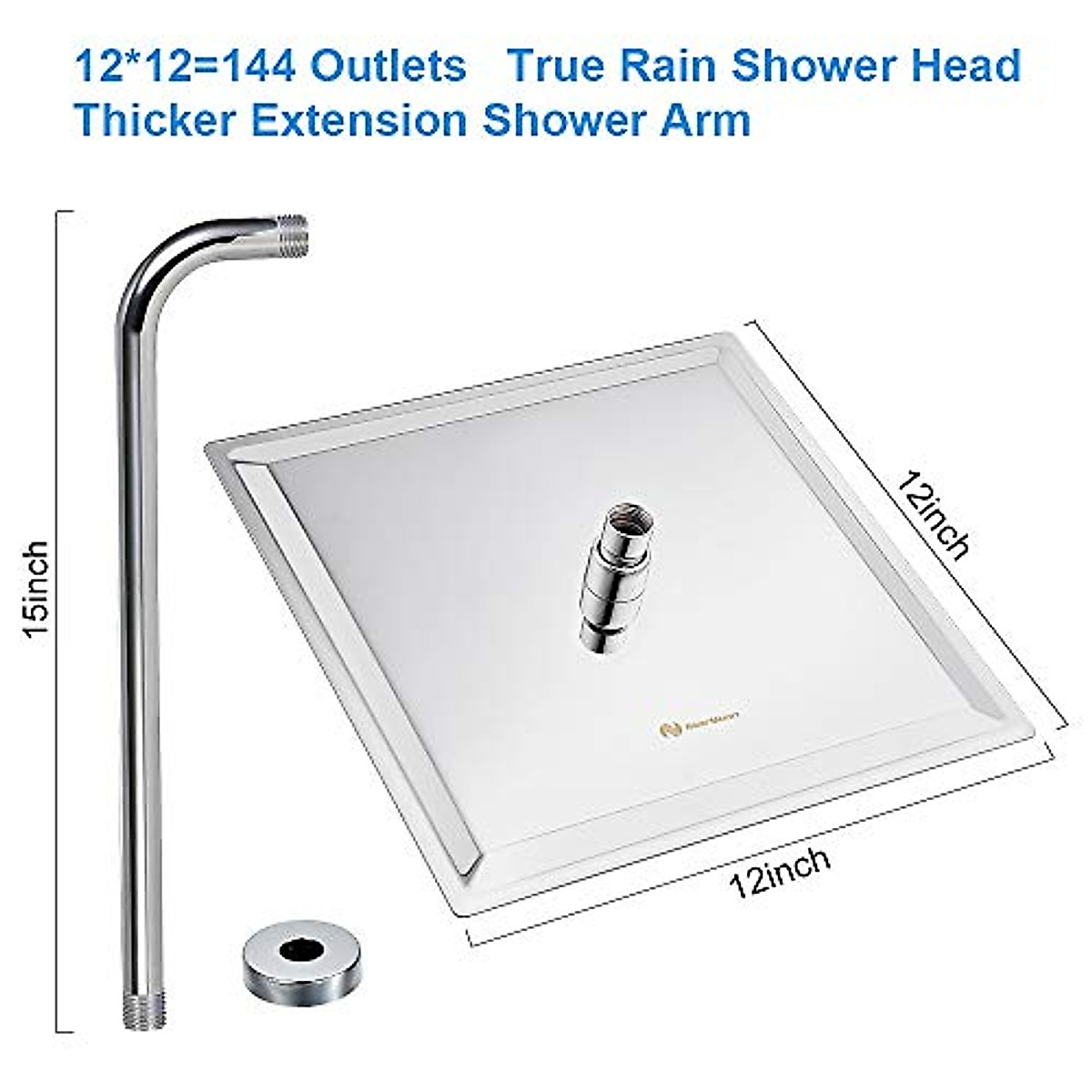 Rain Shower Head With Extension Arm, NearMoon Square Shower Heads, Large Stainless Steel Rainfall Showerhead-Waterfall Full Body Coverage (12 Inch Shower Head With 15 Inch Shower Arm, Chrome)