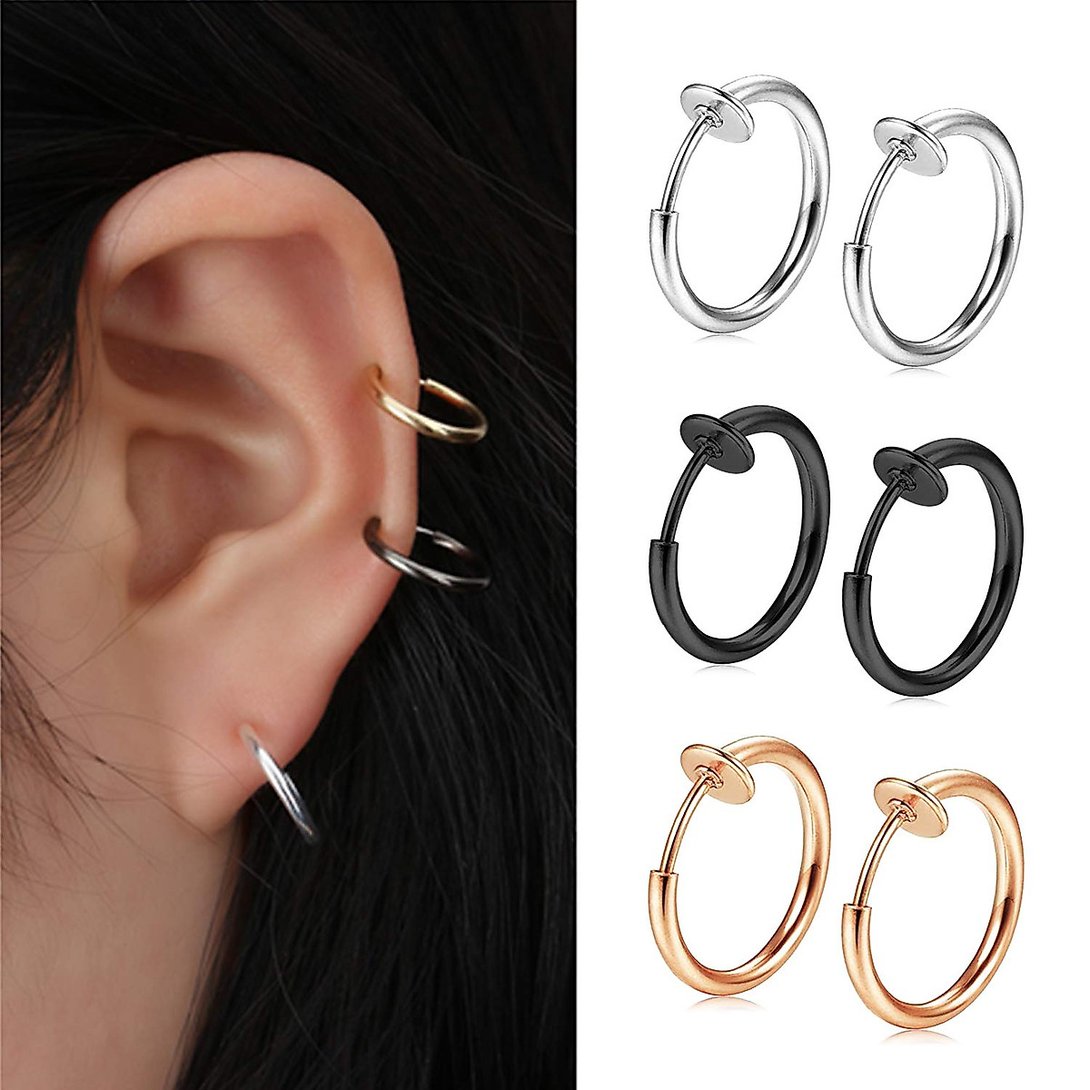 MODRSA Fake Nose Ring Hoop Faux Nose Ring Spring Hoop Fake Nose Piercing Clip on Nose Hoop Fake Lip Earrings Fake Cartilage Conch Non Piercing Jewelry for Women