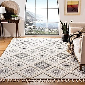 SAFAVIEH Moroccan Tassel Shag Collection 10' x 14' Ivory/Grey MTS601F Boho Non-Shedding Living Room Bedroom Dining Room Entryway Plush 2-inch Thick Area Rug