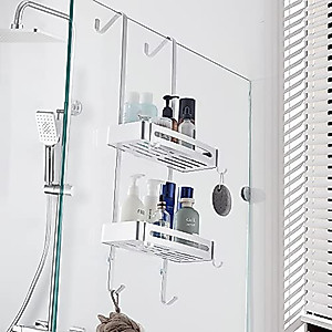 MOGFCT Bathroom Shower Caddy Over The Door Hanging Shower Organizer Storage Aluminum Shower Shelf Rust Proof Bathroom Shelves Basket Rack with Hook Rust Free (Sliver)