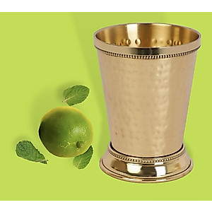HANDTECHINDIA Mint Julep Cups For Bourbon Cocktail Moscow Mule Kentucky Derby Classic Beaded Trim Border Made by Soild Brass Capacity-12 Ounce (Hammered, 2)