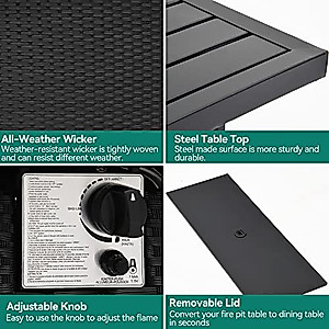 YITAHOME 42in 50,000 BTU Outdoor Propane Gas Fire Pit Table, CSA Approved Pull-Out Steel Tabletop PE Rattan Auto-Ignition Gas Firepit with Removable Lid, Glass Wind Guard, Glass Rock & Cover, (Black)