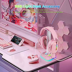 TuparGo Pink Headphone Stand Gaming Headset Holder with Rolling Caption RGB Light for ‎Kraken Headset,Aluminum Alloy Connecting Rod and Non-Slip Rubber Base,Designed for Pink Gaming Headsets
