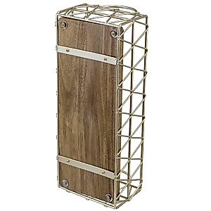 MyGift 16 Inch Toilet Tank Storage Tray with Premium Solid Acacia Wood Base and Brass Tone Metal Geometric Wire Frame, Bathroom Sink Vanity Toilet Paper Holder with Handles