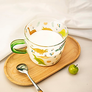 Sizikato Borosilicate Glass Breakfast Cup with Handle, 15 Oz Cereal Bowl Milk Mug, Dinosaur and Plant Pattern