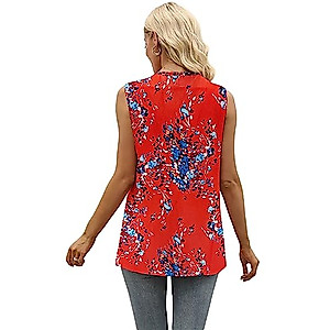 MIDOSOO Summer Tank Tops for Women Elegant Chiffon Sleeveless Shirts Fold Pleated Blouses Floral Red Medium