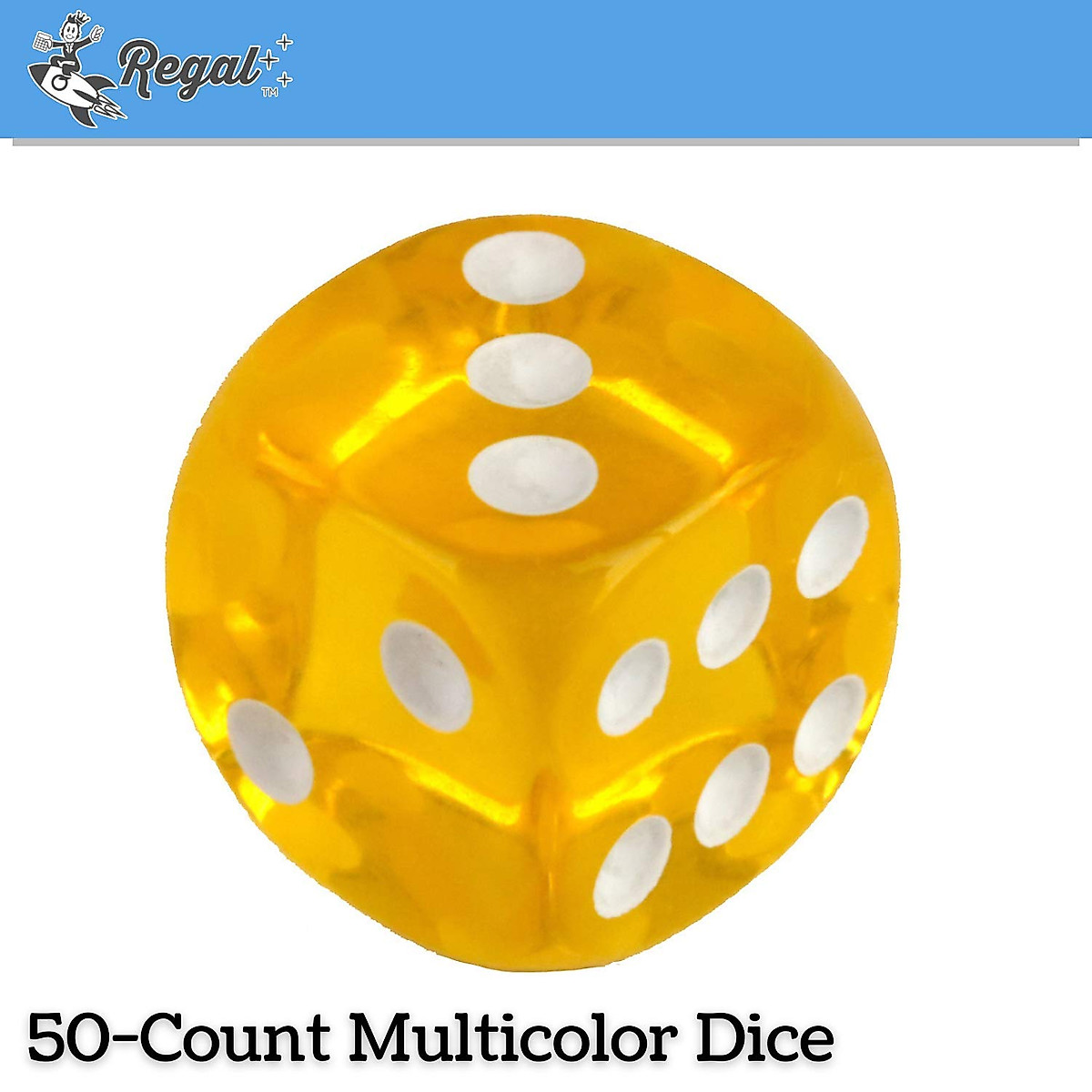Regal Games 6-Sided Translucent 16mm Dice Set - Playing Colored Set of Dice - Square Dice for Classroom or Family Game Night - 50 Dice