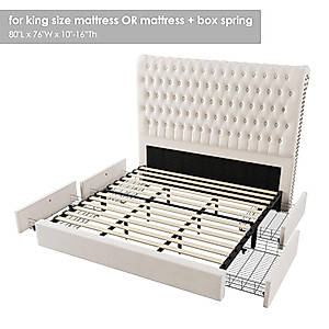 King Size Bed Frame 55" Tall Headboard with Gorgeous Button Tufted and Nail, Velvet Fabric Upholstered Bed Frame includes 4 Under-bed Storage Drawers, Wooden Slats, Noise-Free, Easy Assembly, Beige
