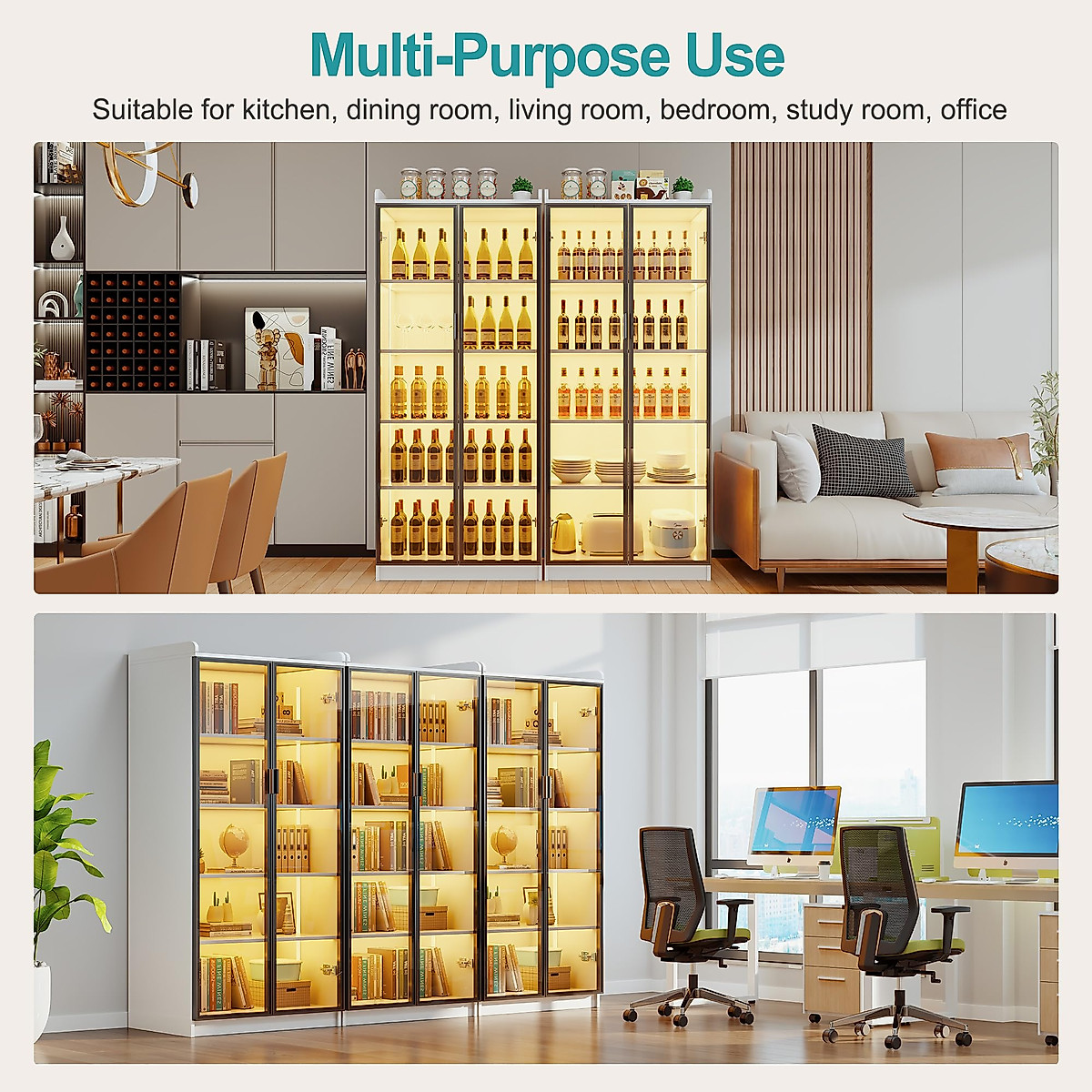 Lvifur Tall Storage Cabinet up to 70", LED Kitchen Pantry Cabinet with Human Body Induction, 5 Tier Bookcase Display Cabinet with Adjustable Shelves for Living Room Office (White)