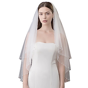 YAEISM Pearl Edge Wedding Veil 2 Tier Beaded Bridal Veils Fingertip Length White Veil Double Layer Pearl Veil with Comb Gorgeous Bachelorette Veil for Bride