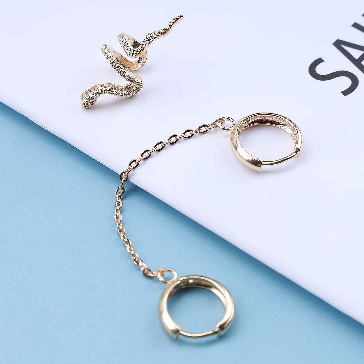Allereyae Gothic Snake Cuff Wrap Earrings Gold Hoop Chain Earrings Cartilage Ear Crawler Earring Serpent Clip on Wrap Earrings for Women and Girls